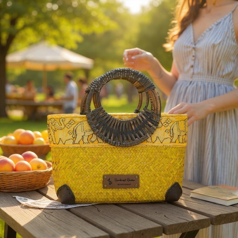 Handwoven Straw Market Tote | Thai Silk Accent, Rattan Handle, Zipper ...