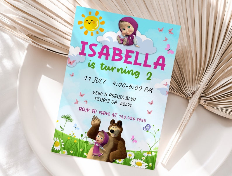 Editable Masha And The Bear Birthday Invitation Template Etsy
