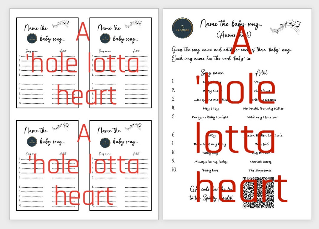 Baby Shower Game Name That Baby Song Printouts, Answer Sheet With QR ...