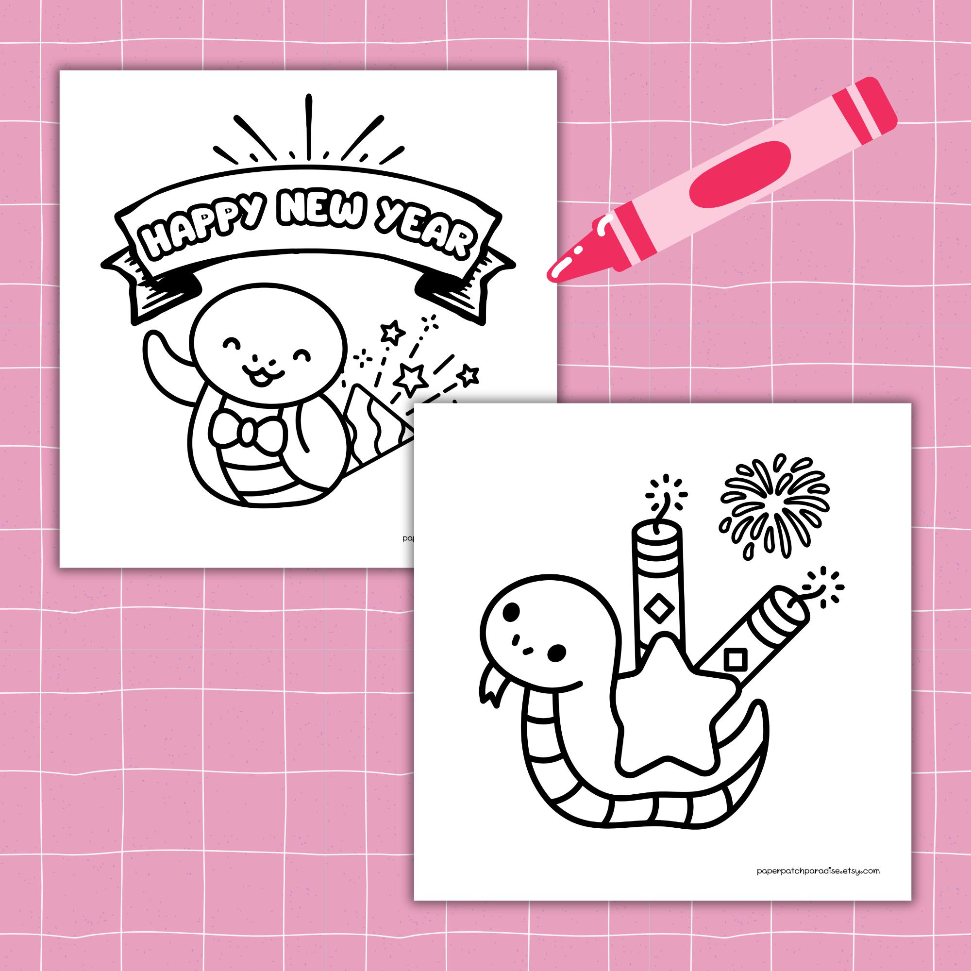 Year of the Snake 2025 Coloring Pages Printable Cute Happy New Year ...