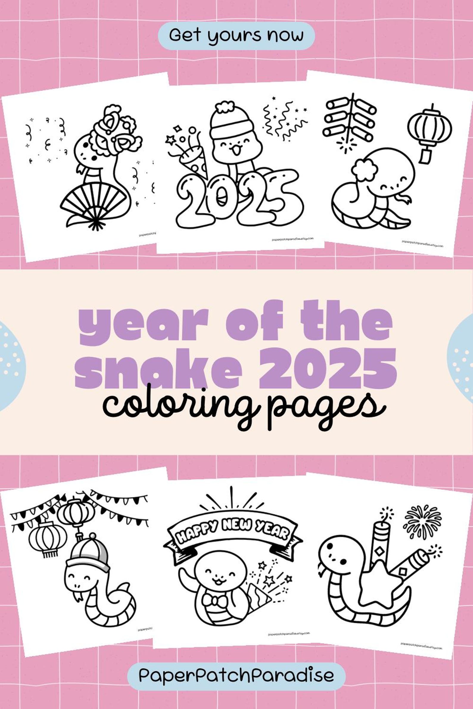 Year of the Snake 2025 Coloring Pages Printable Cute Happy New Year ...