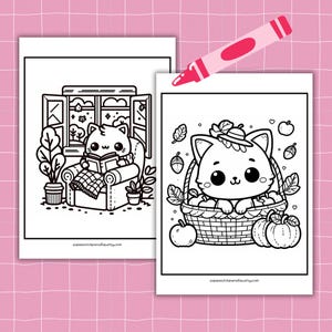 Cute Cat Fall Coloring Pages Printable Kawaii Cat Coloring Sheets Kids ...