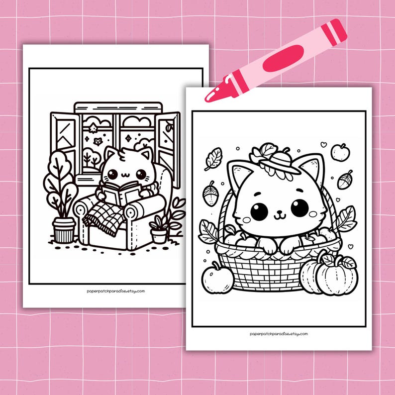 Cute Cat Fall Coloring Pages Printable Kawaii Cat Coloring Sheets Kids ...