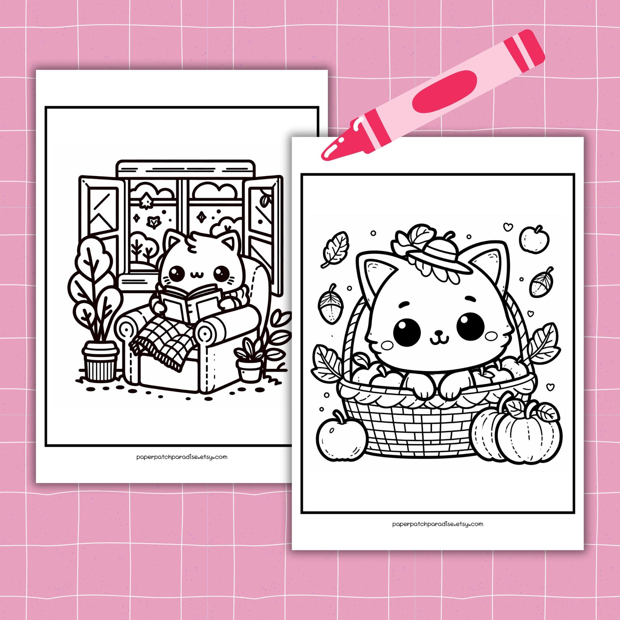 Cute Cat Fall Coloring Pages Printable Kawaii Cat Coloring Sheets Kids ...