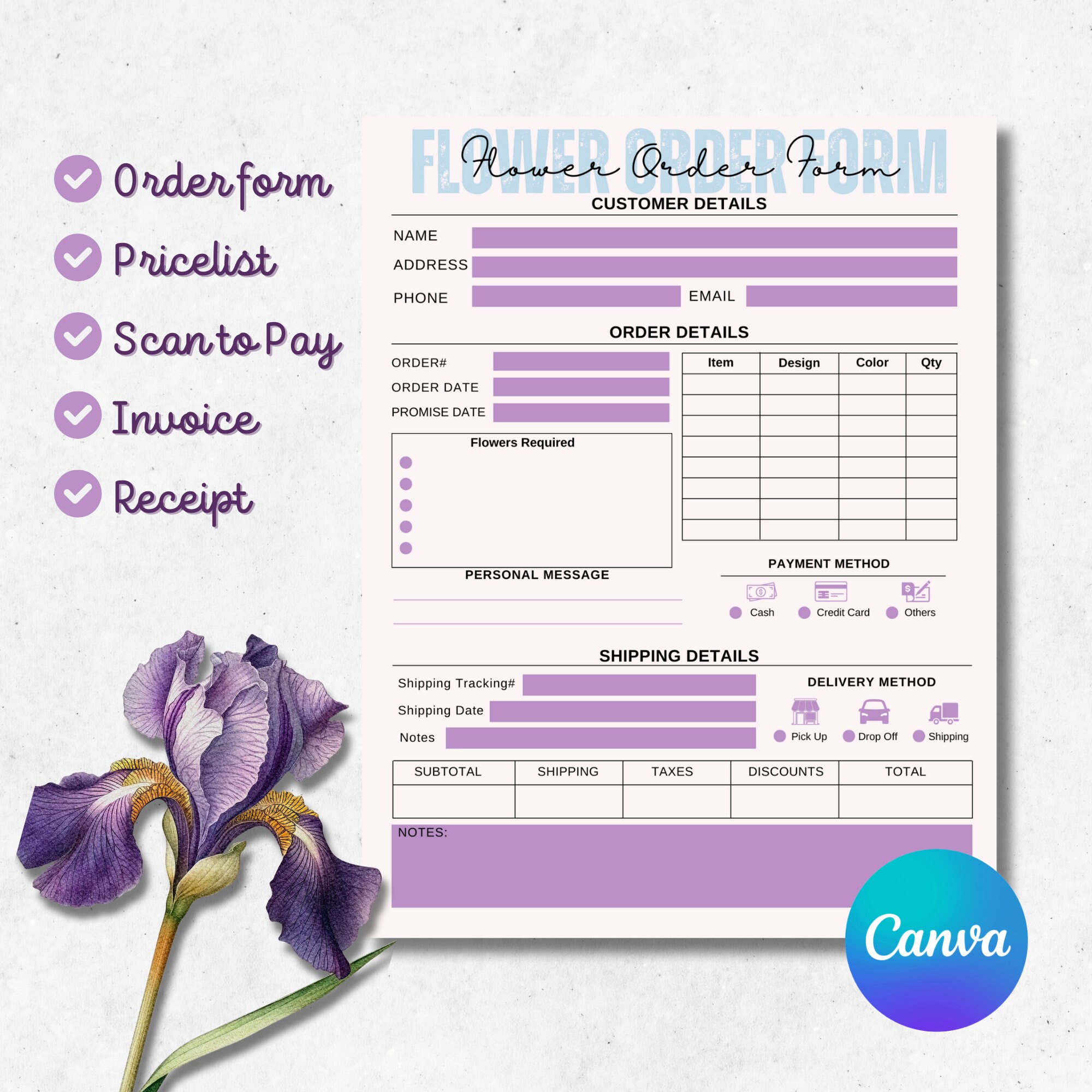 Florist Order Form Template Printable Small Business Forms Canva ...