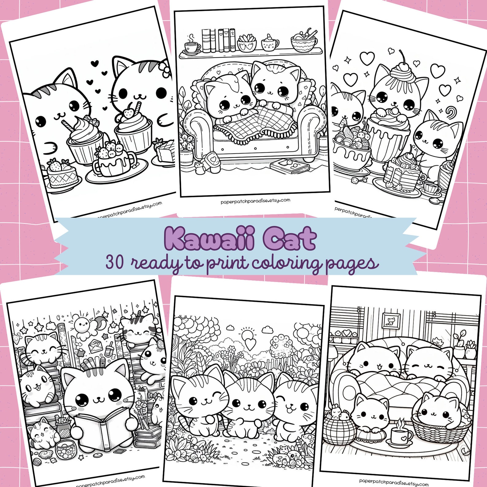 Kawaii Cat Coloring Pages Printable Cute Cat Coloring Sheets Instant ...