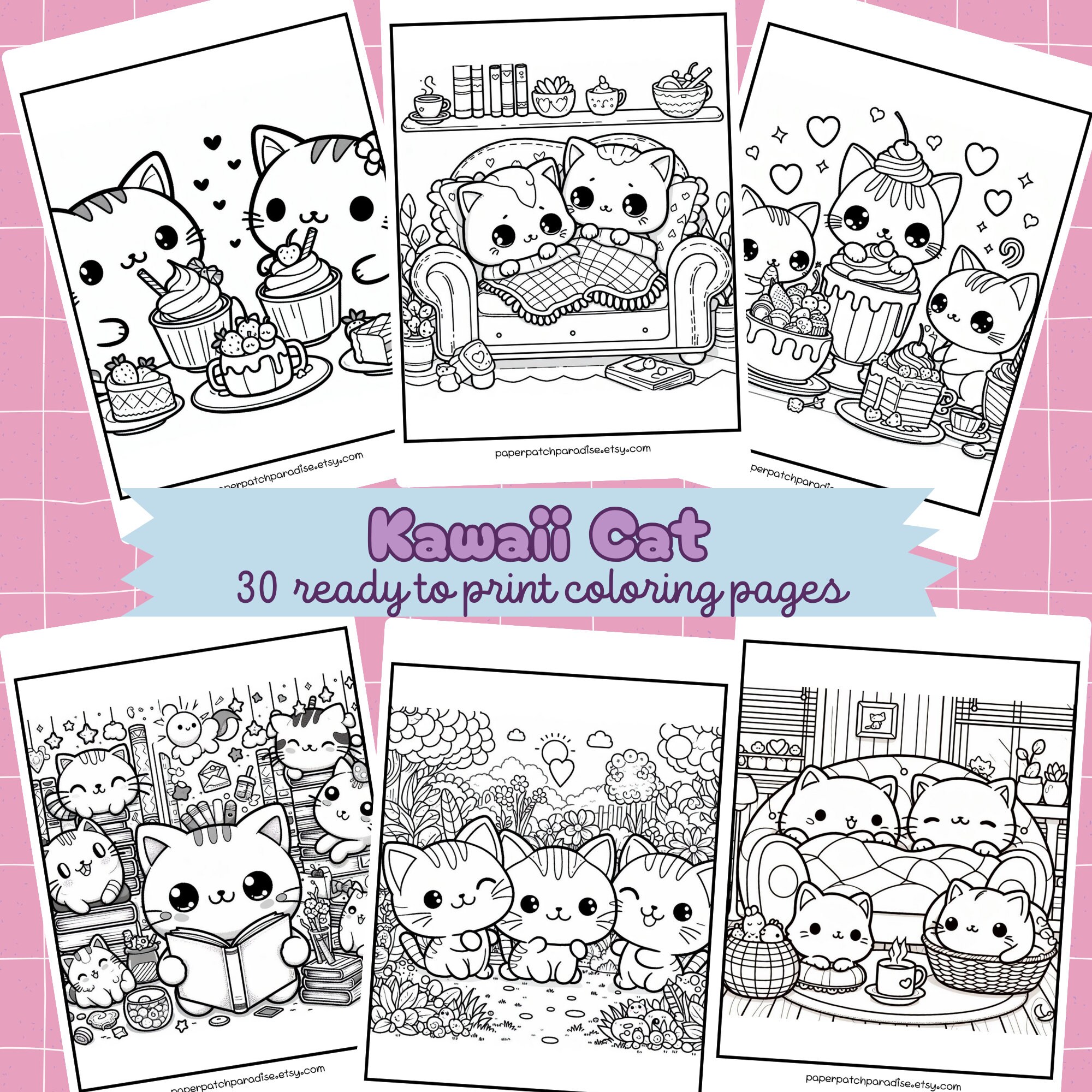Kawaii Cat Coloring Pages Printable Cute Cat Coloring Sheets Instant ...