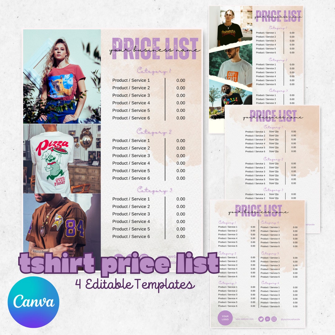 Tshirt Price List Template Editable Price List Template Simple Small ...