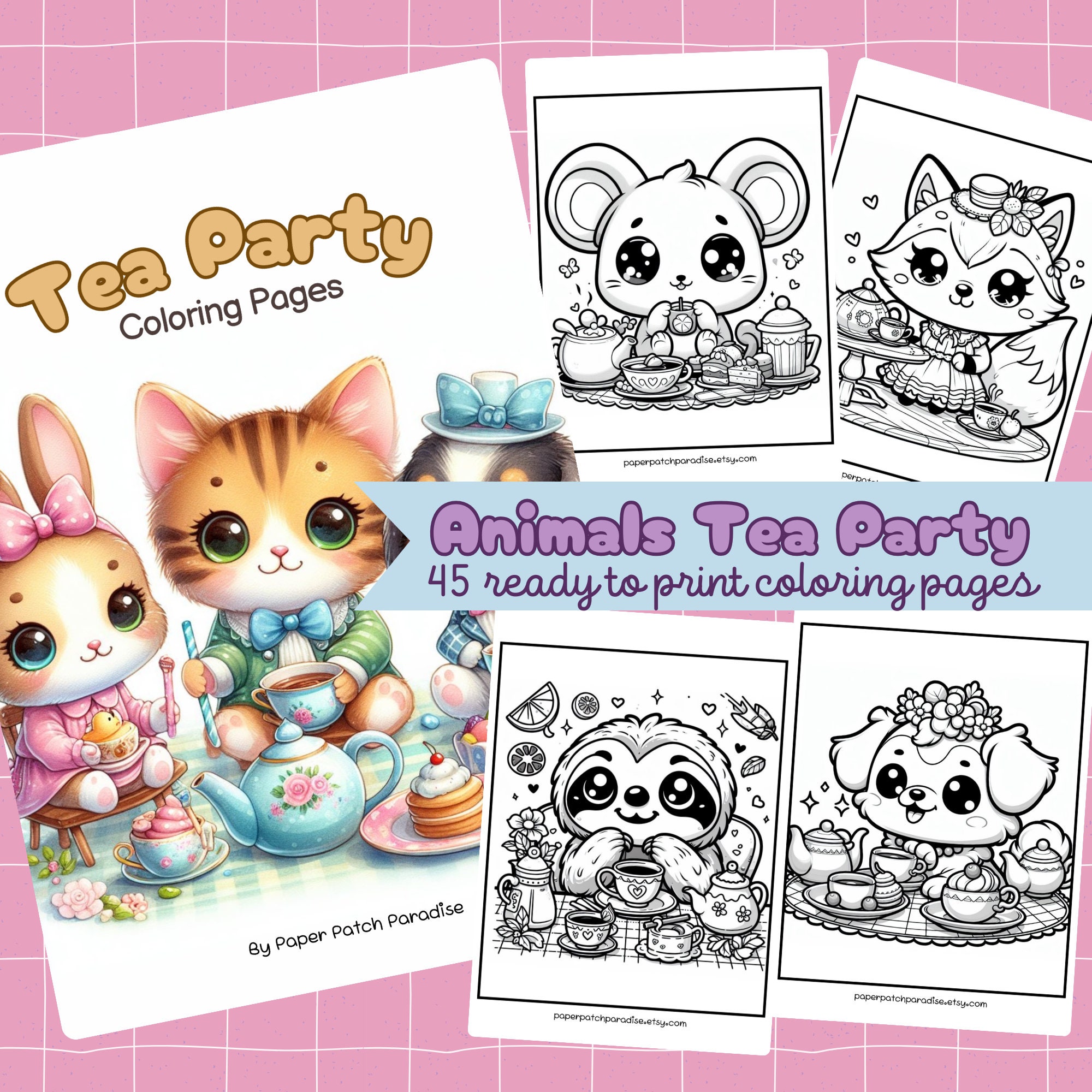 Tea Party Coloring Pages Printable Cute Animals Coloring Sheets Instant ...