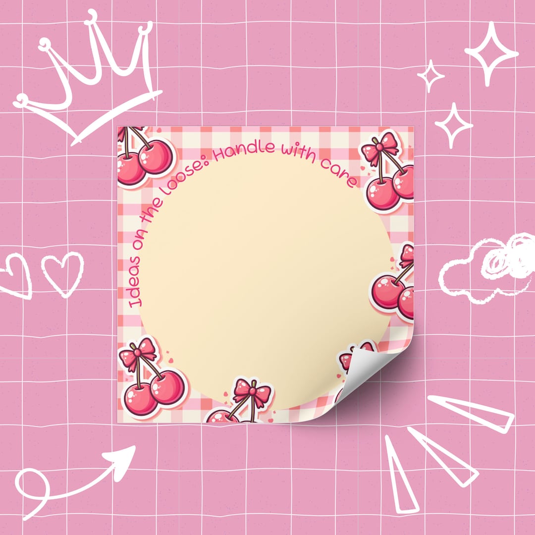 Coquette Sticky Notes Pink Bow Cherries Post-it Cute Pink Memo Pad ...