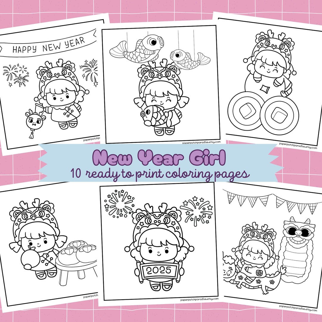 Happy New Year 2025 Coloring Pages Printable Cute New Year Girl ...