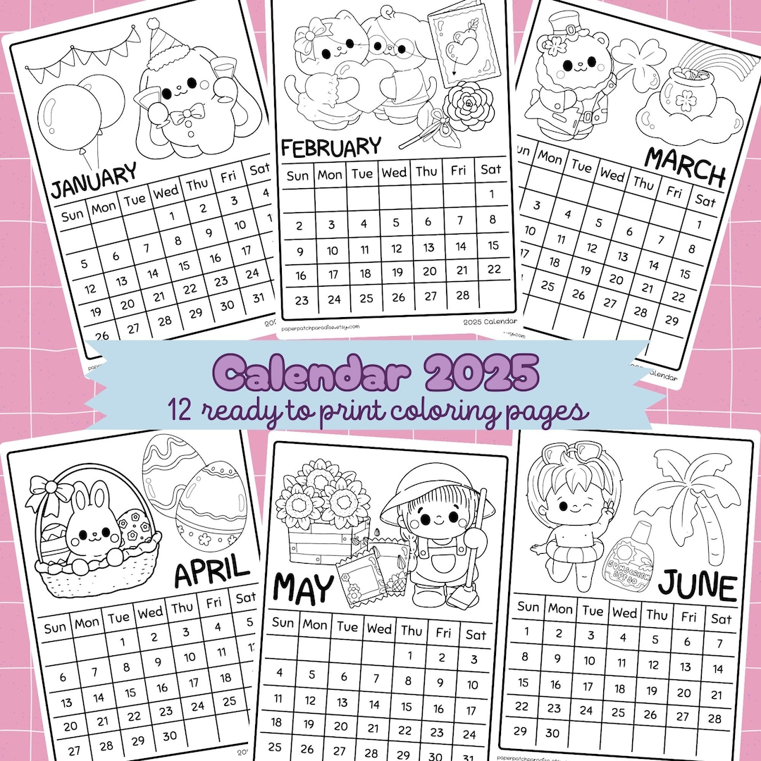 Lindo calendario 2025 para colorear, hojas para colorear de año nuevo kawaii, calendario para ...