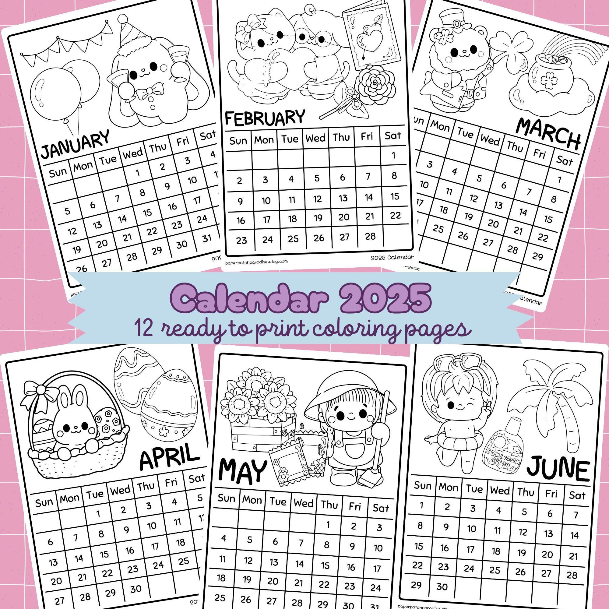 Cute Calendar 2025 Coloring Pages Printable Kawaii New Year Coloring ...
