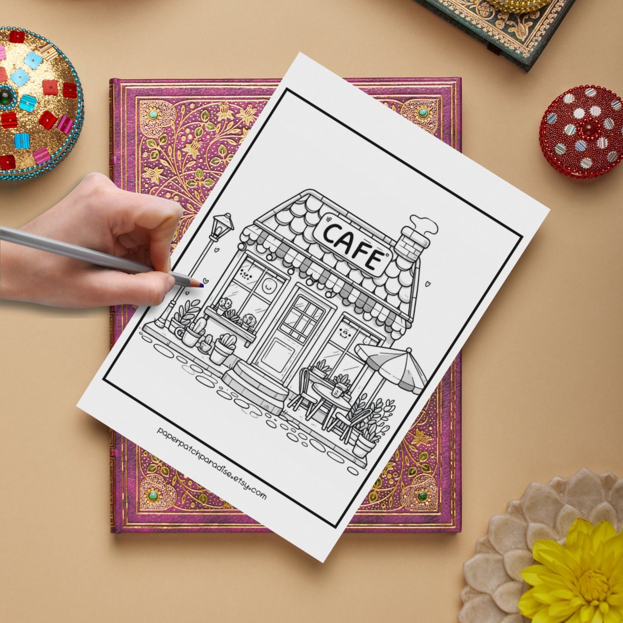 Tiny Cafe Coloring Pages Printable Cute Storefront Coloring Sheets ...