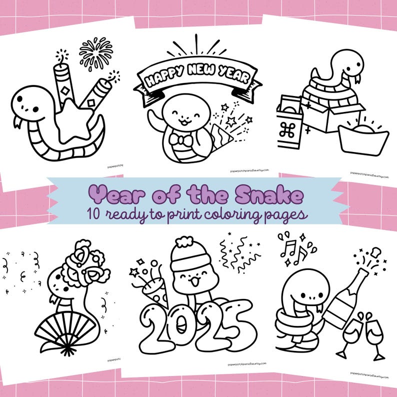 Year of the Snake 2025 Coloring Pages Printable Cute Happy New Year ...