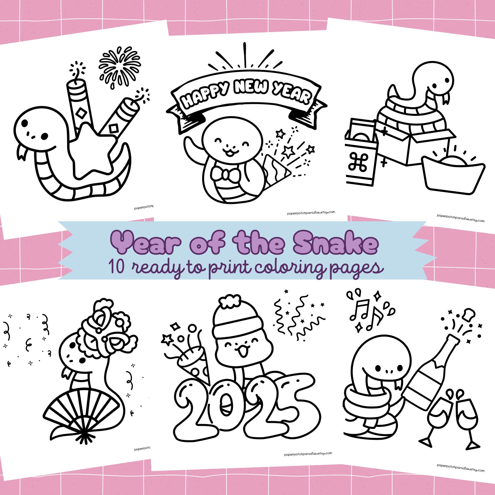 Year of the Snake 2025 Coloring Pages Printable Cute Happy New Year ...
