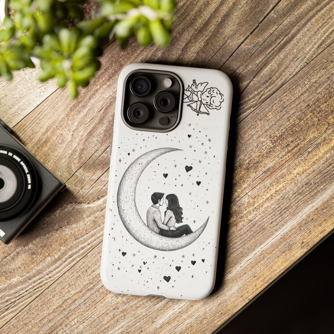 Phone Cases, Couple Sitting on Crescent Moon Minimalist Line Art ...