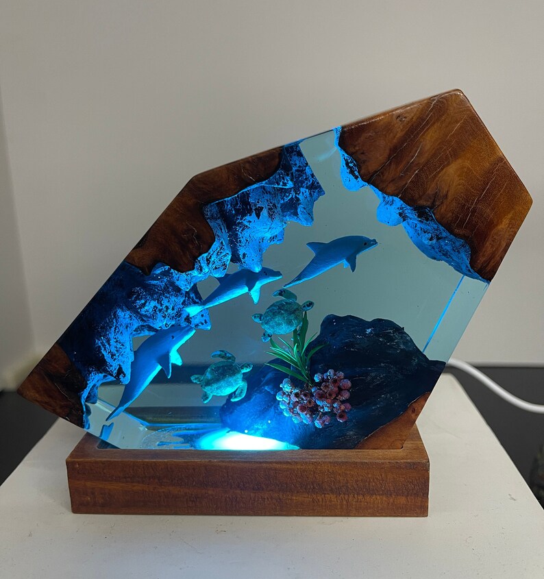 Turtle & Dolphin Epoxy Night Light. Custom Epoxy Resin Table Lamp, Gift ...