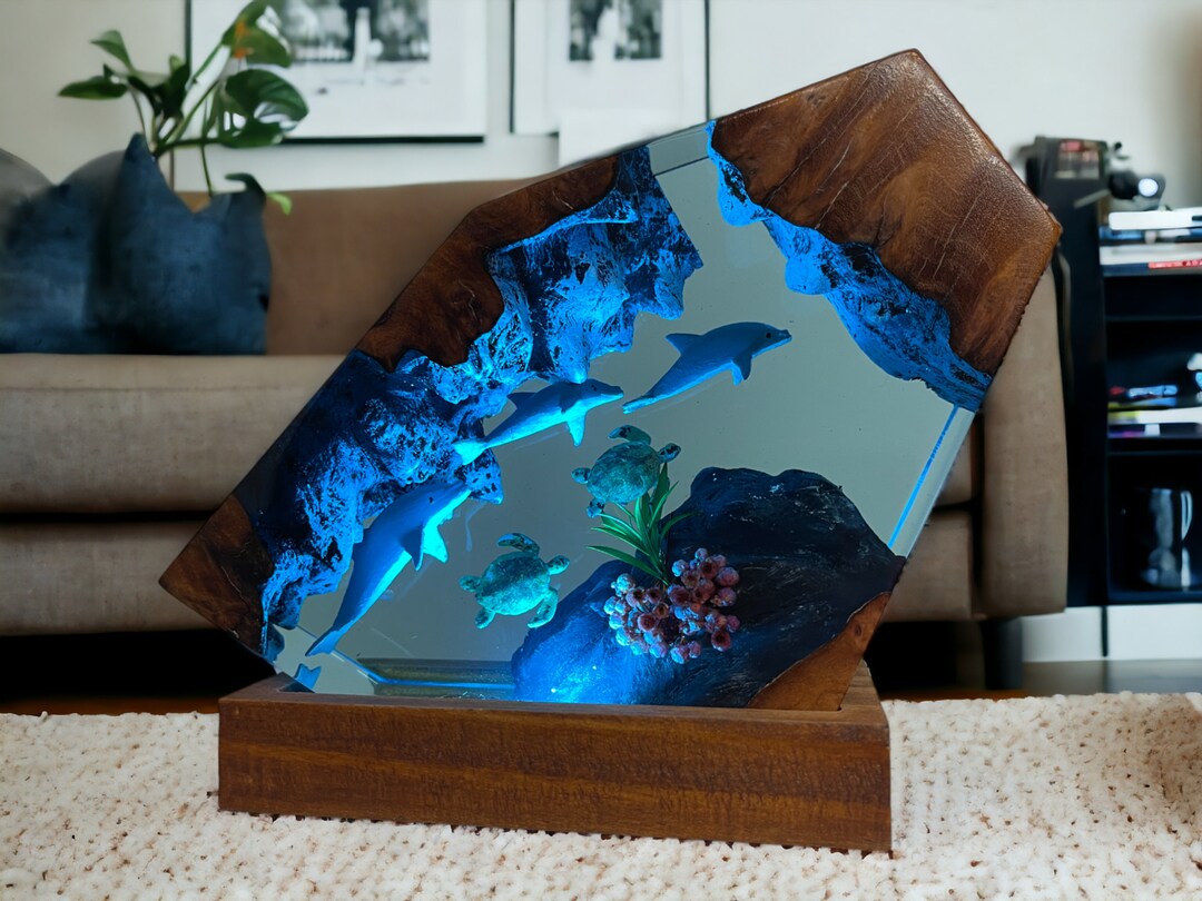 Turtle & Dolphin Epoxy Night Light. Custom Epoxy Resin Table Lamp, Gift ...