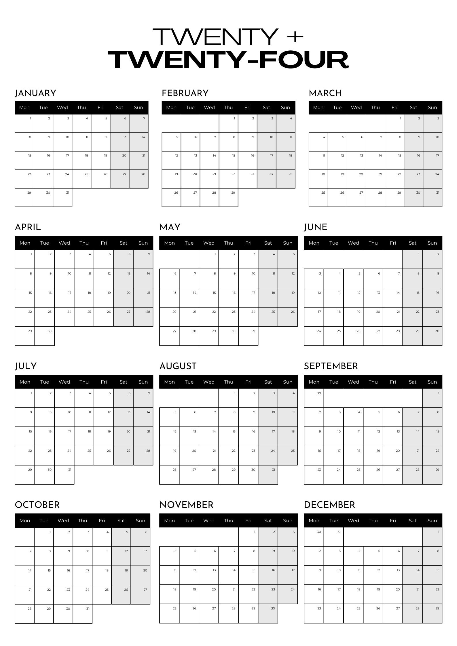 2024 Printable Whole Year Wall Calendar - Etsy