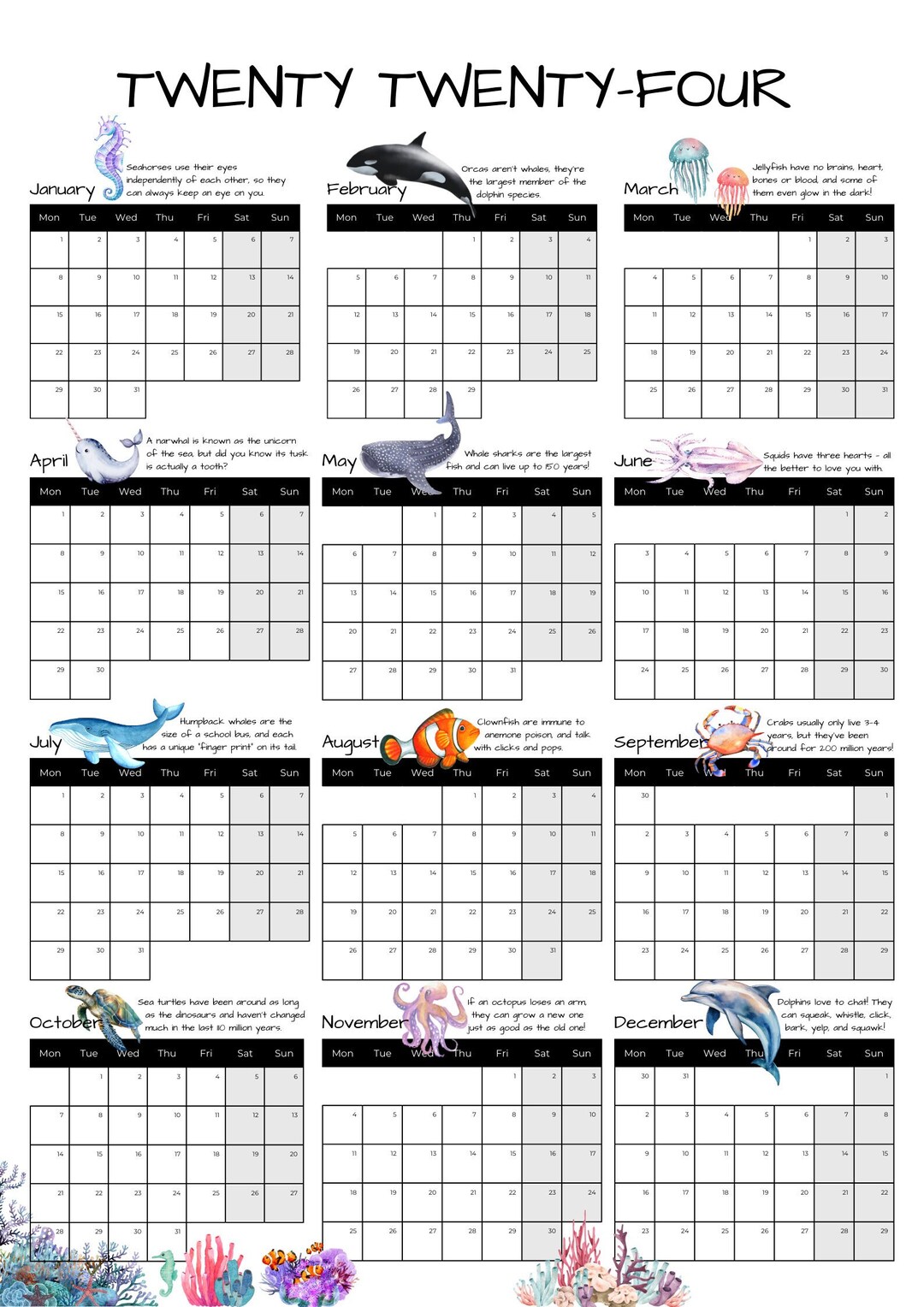2024 Ocean Animal Themed Whole Wall Calendar printable - Etsy
