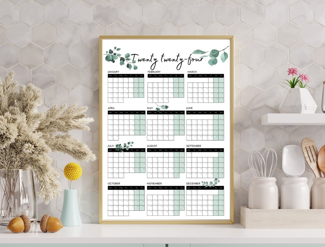 2024 Whole Year Wall Calendar With Leafy Design - Etsy