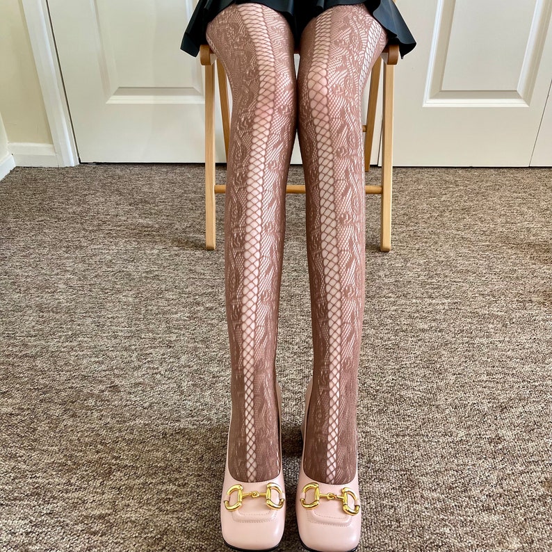 Shipped From England - Brown Fishnet Tights With Stripe Pattern and ...