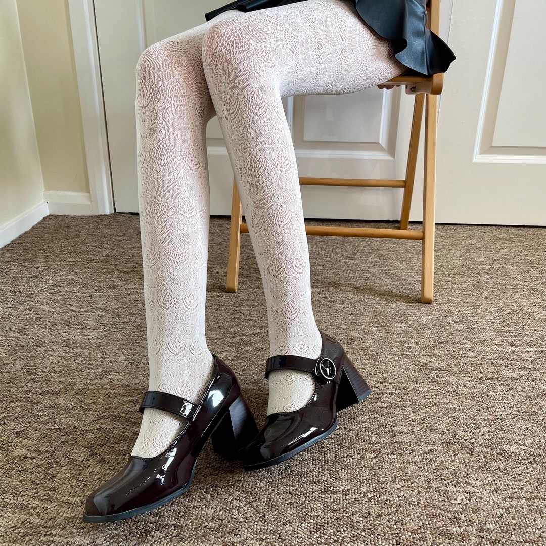 Shipped From England - White Tights With Pattern - White Vintage Floral Tights - Women's ...