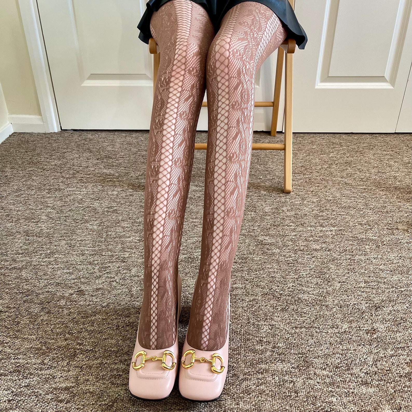 Shipped From England - Brown Fishnet Tights With Stripe Pattern and ...