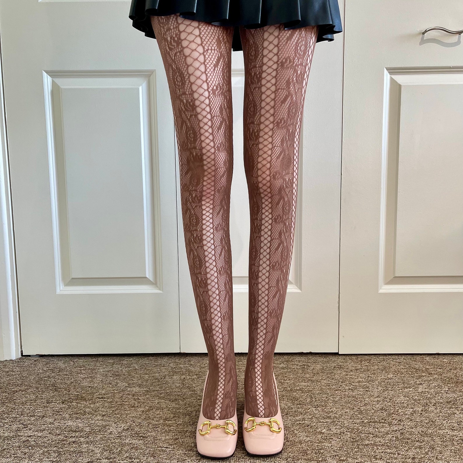 Shipped From England - Brown Fishnet Tights With Stripe Pattern and ...