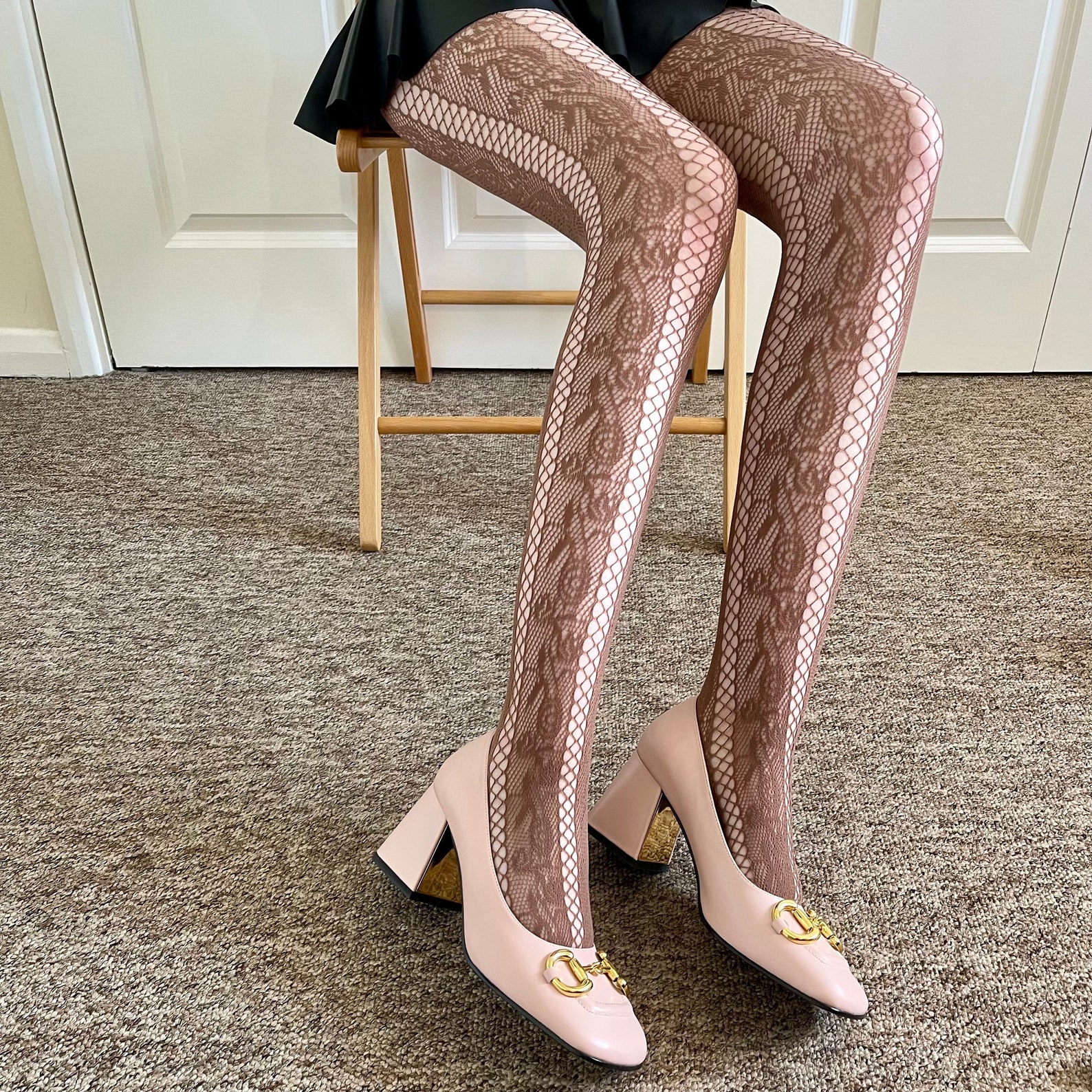 Shipped From England - Brown Fishnet Tights With Stripe Pattern and Roses - Women Floral ...