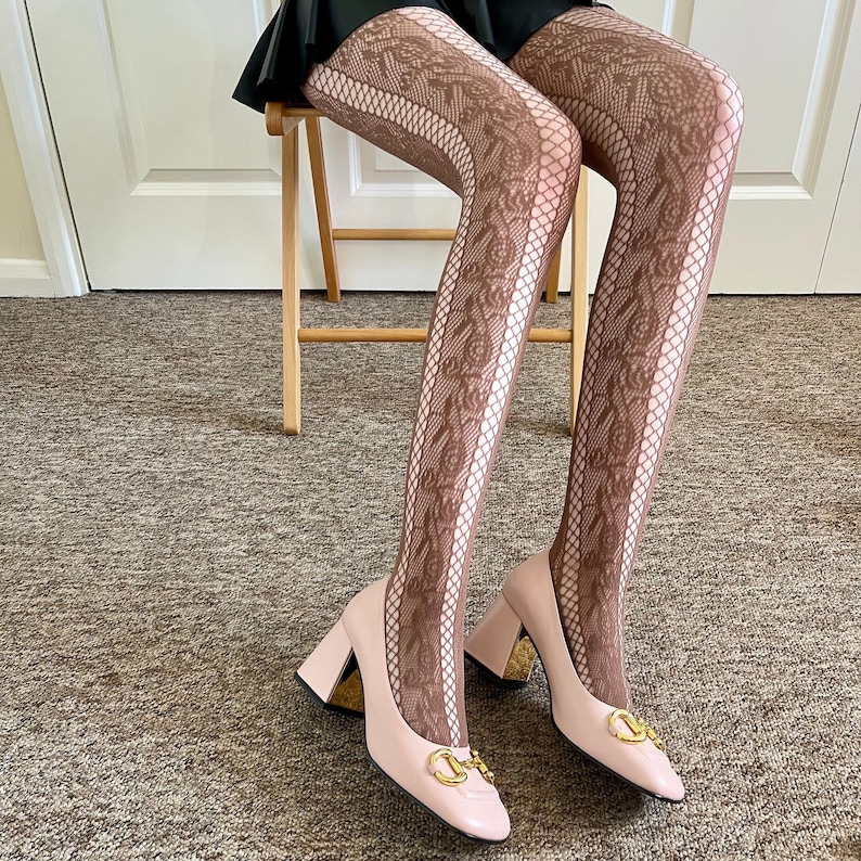 Shipped From England - Brown Fishnet Tights With Stripe Pattern and ...