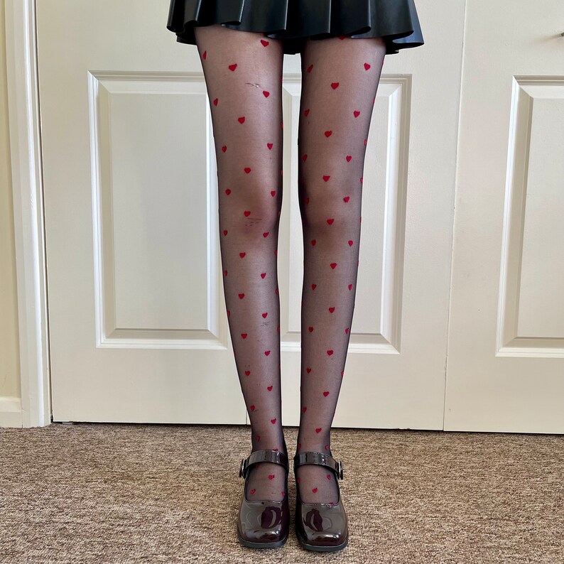 Shipped From England Black Fishnet Tights Embroidered With Red Hearts ...