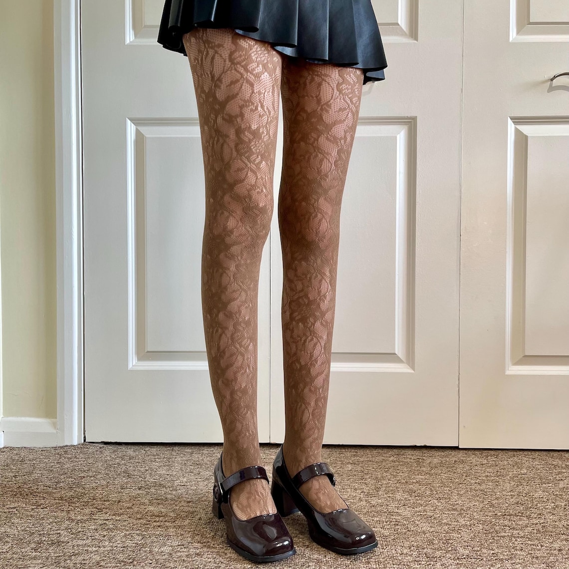 Shipped From England - Brown Tights With Floral Pattern - Brown Vintage ...