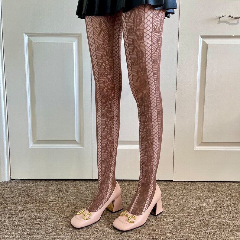 Shipped From England - Brown Fishnet Tights With Stripe Pattern and ...