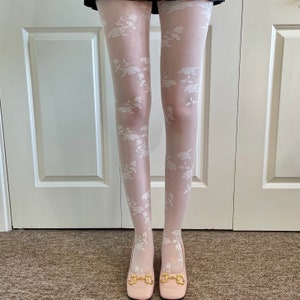 Shipped From England -sheer White Tights With Embroidered Rose patterns ...