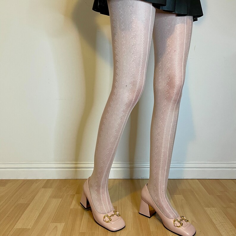 Shipped From England Cream White Sheer Tights With Patterns Comfort ...