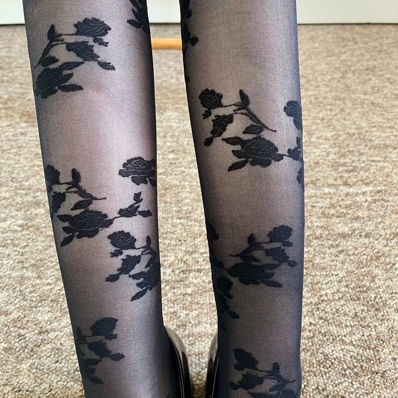 Shipped From England sheer Black Tights With Embroidered Rosepatterns ...