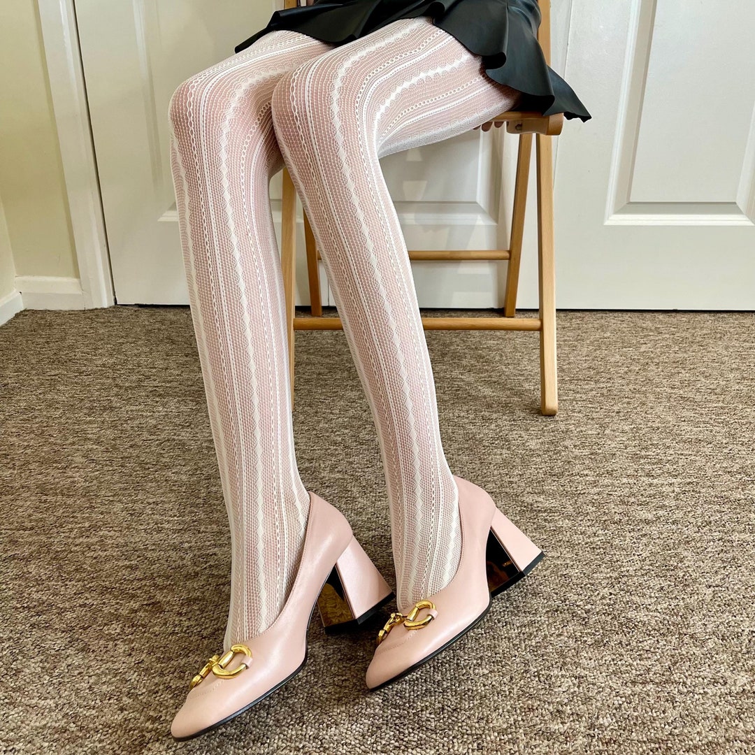 Shipped From England - Cream White Tights With Patterned Stripes - Vintage Patterned Tights ...