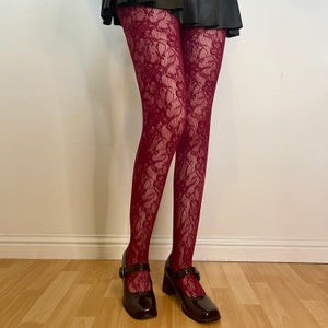 Shipped From England - Red Fishnet Tights With Floral Patterns ...