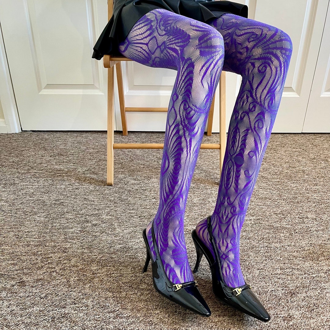 Shipped From England- Purple Fishnet Tights With Floral Patterns -rose ...