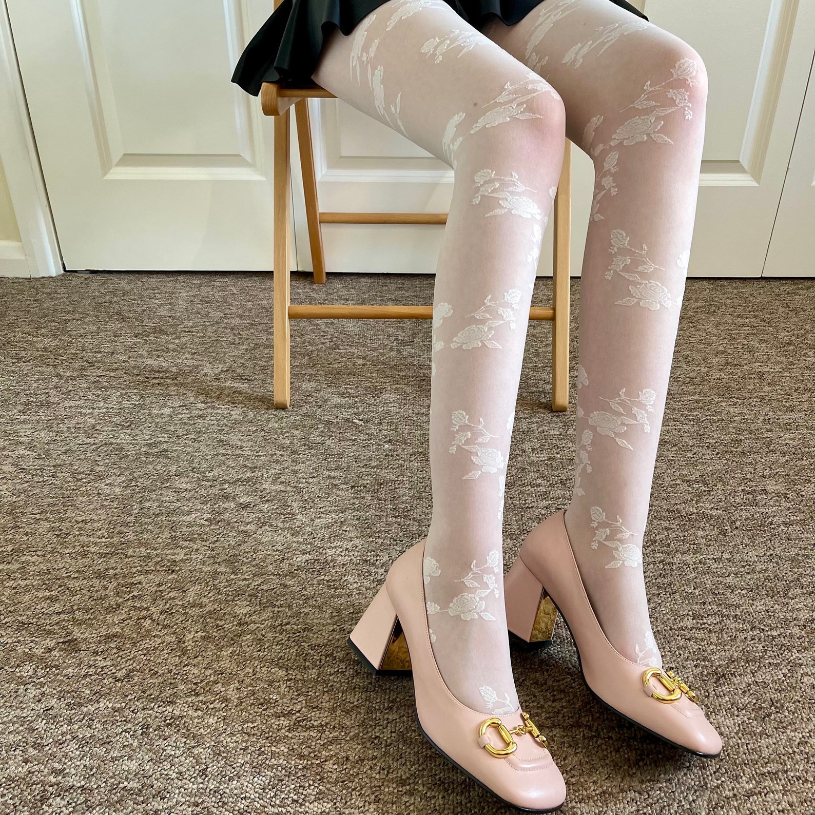 Shipped From England -sheer White Tights With Embroidered Rose patterns - Women Pattern Tights ...