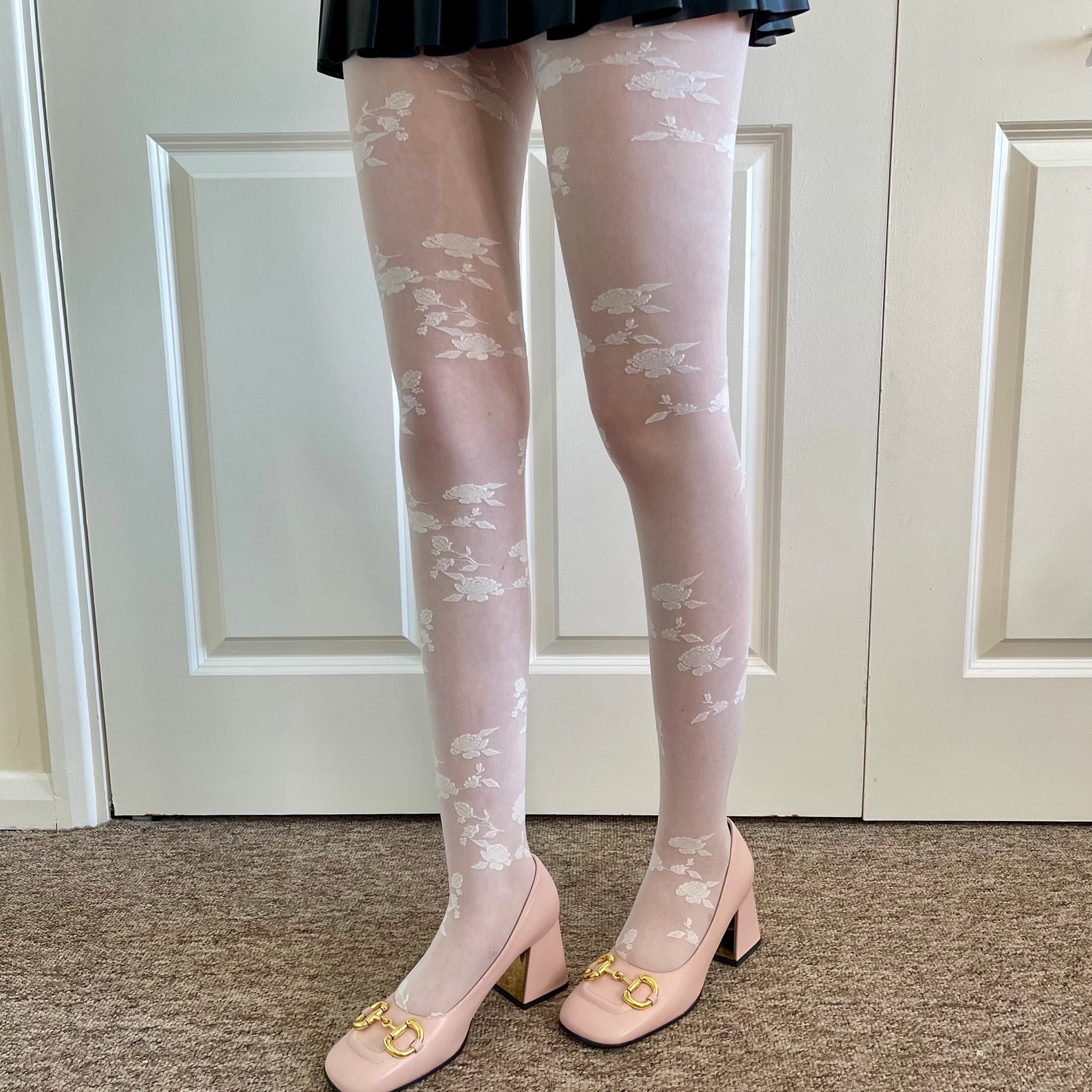 Shipped From England -sheer White Tights With Embroidered Rose patterns ...