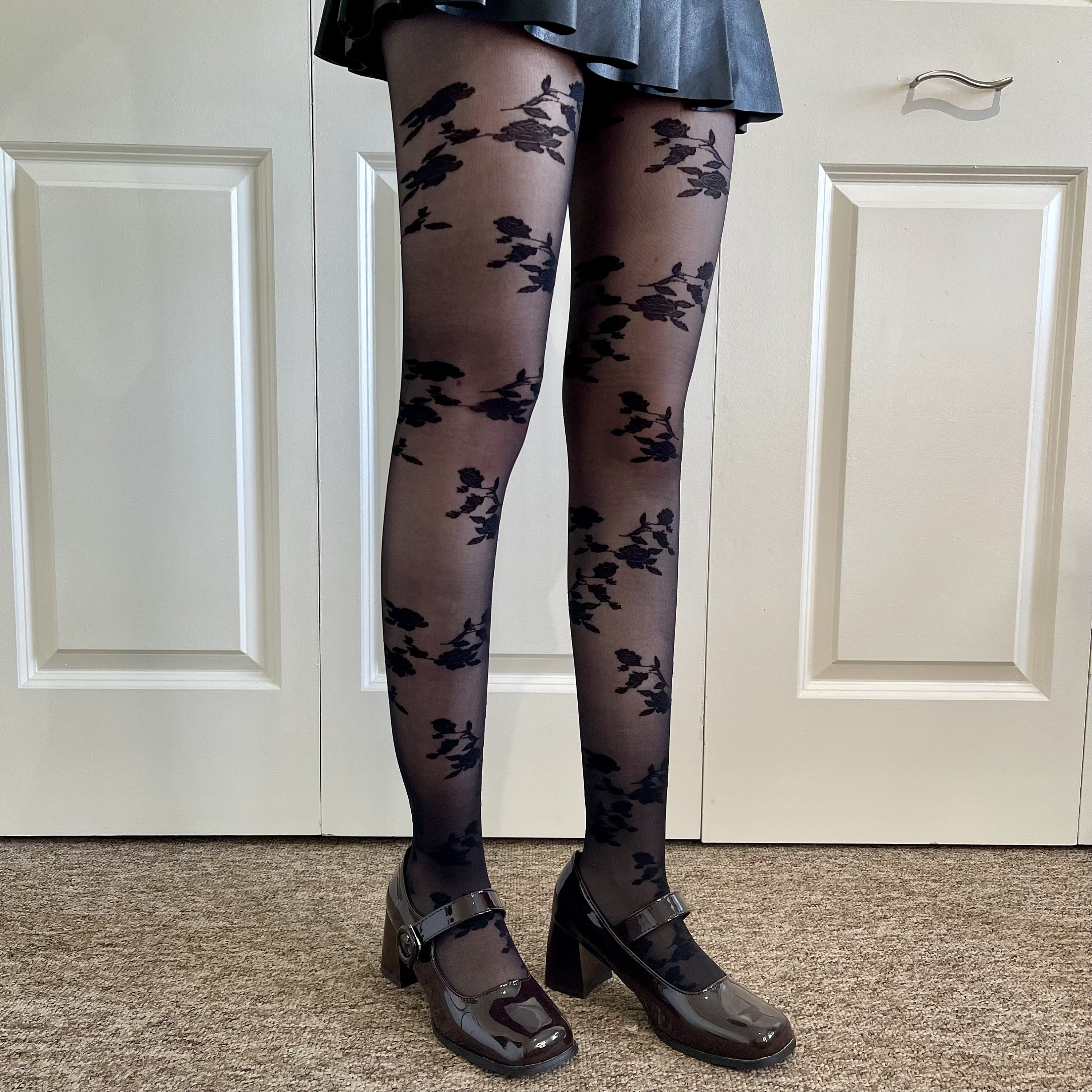 Shipped From England -sheer Black Tights With Embroidered Rose patterns - Women Pattern Tights ...