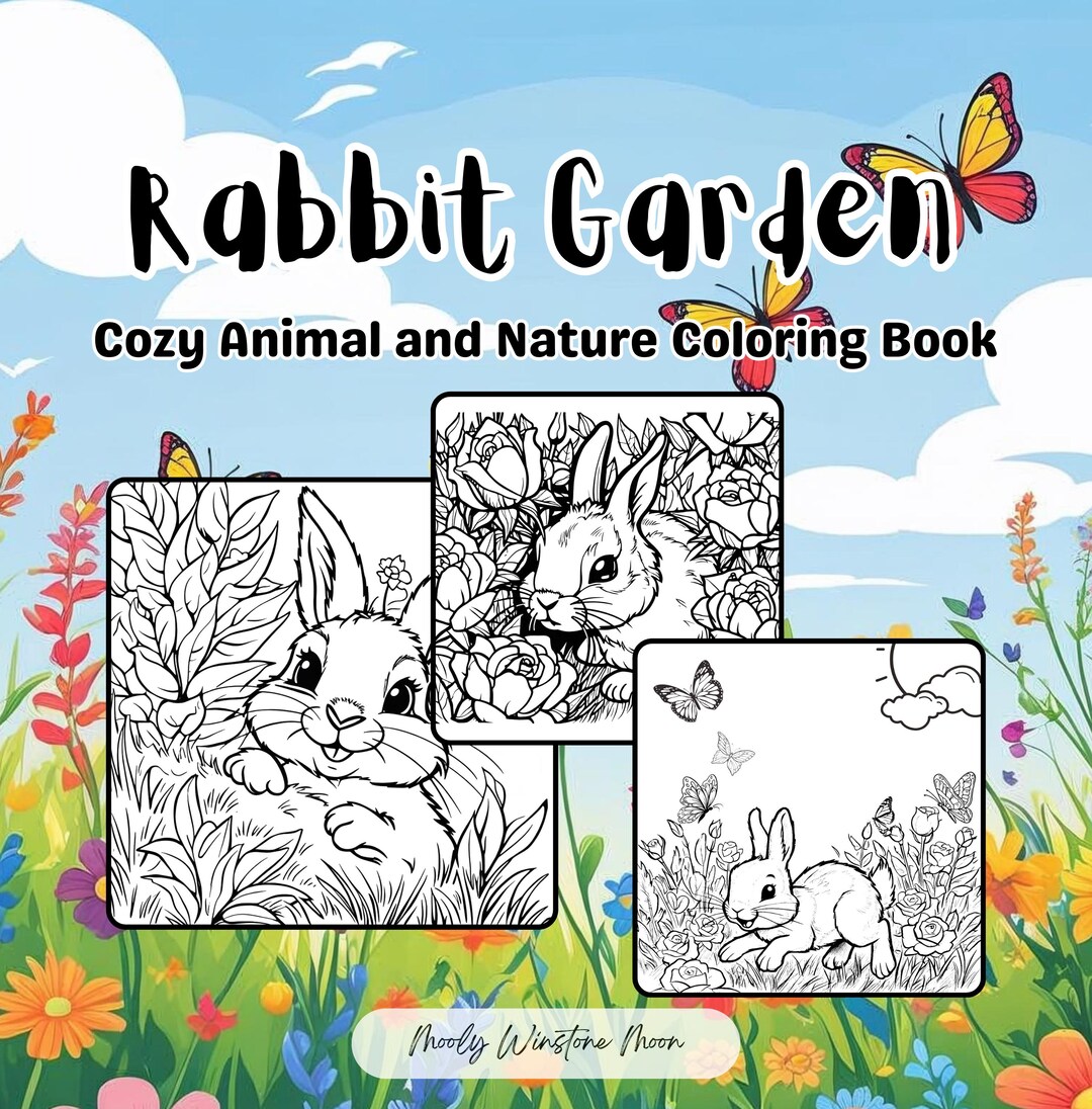 Rabbit and Nature Coloring Pages for Kids and Adult, Printable Digital ...