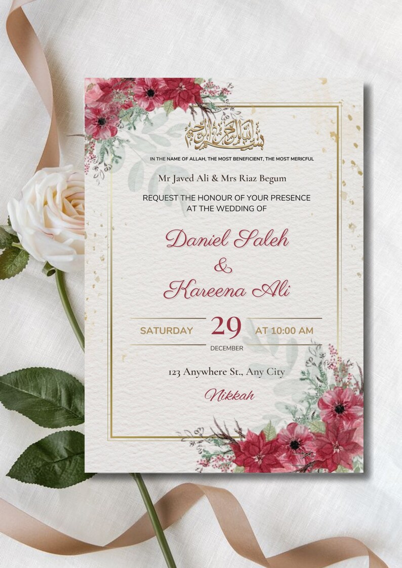 Red and Gold Floral Islamic Wedding Invitation Template, Nikkah, Baraat ...