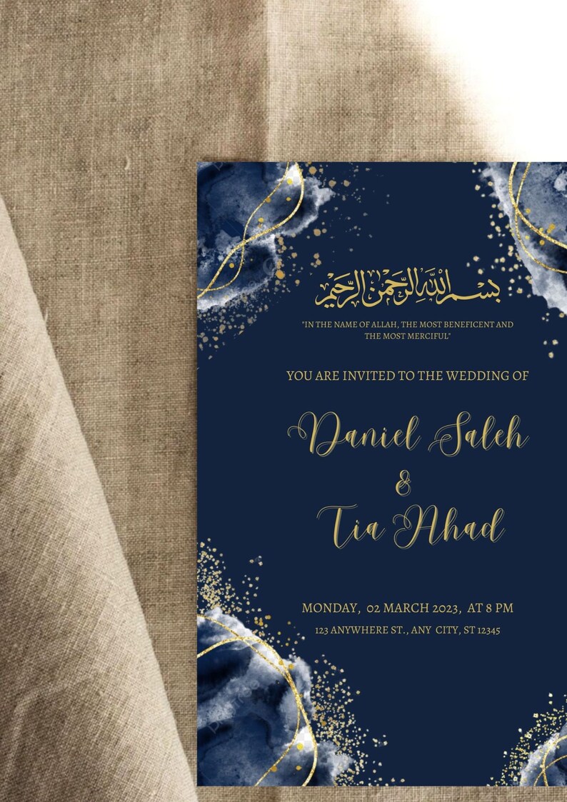 Islamic Wedding Invitation, Editable Baraat, Nikah, Walimah, Navy and ...