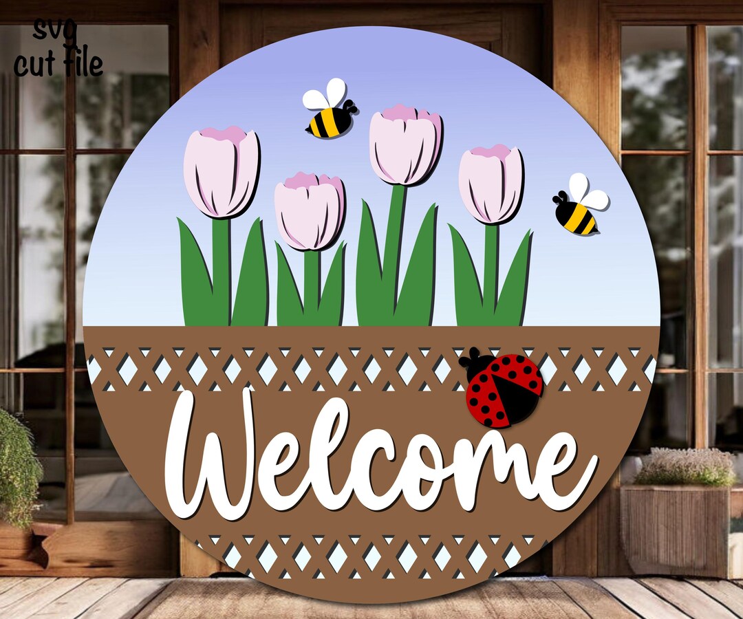 Tulip Welcome Sign SVG: Spring Door Hanger Laser Cut File - Etsy