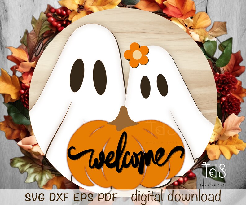 Cute Halloween Ghost Door Hanger Svg Cut File, Welcome Halloween Sign ...