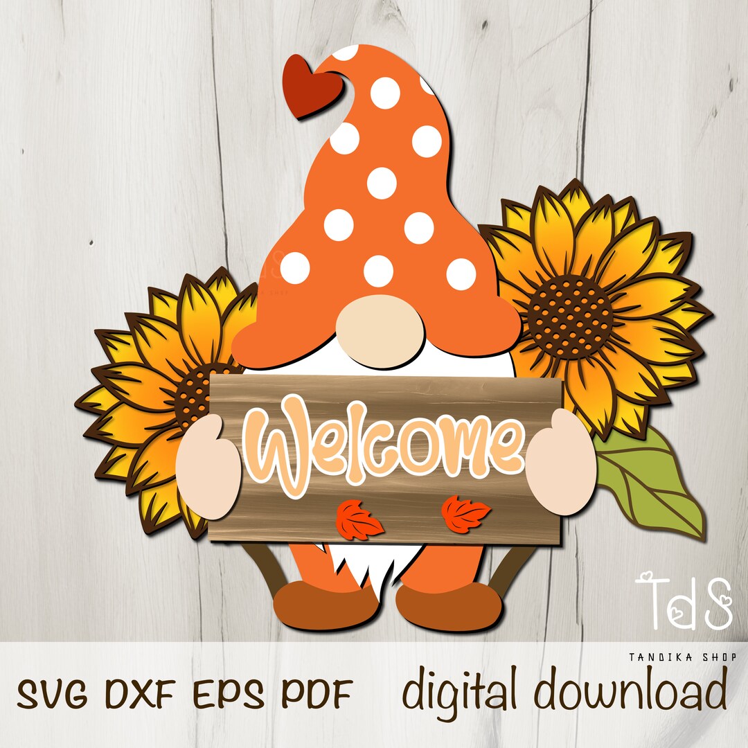 Gnome Sunflower Welcome Porch Door Sign Svg Cut File, Gnome Garden Sign ...